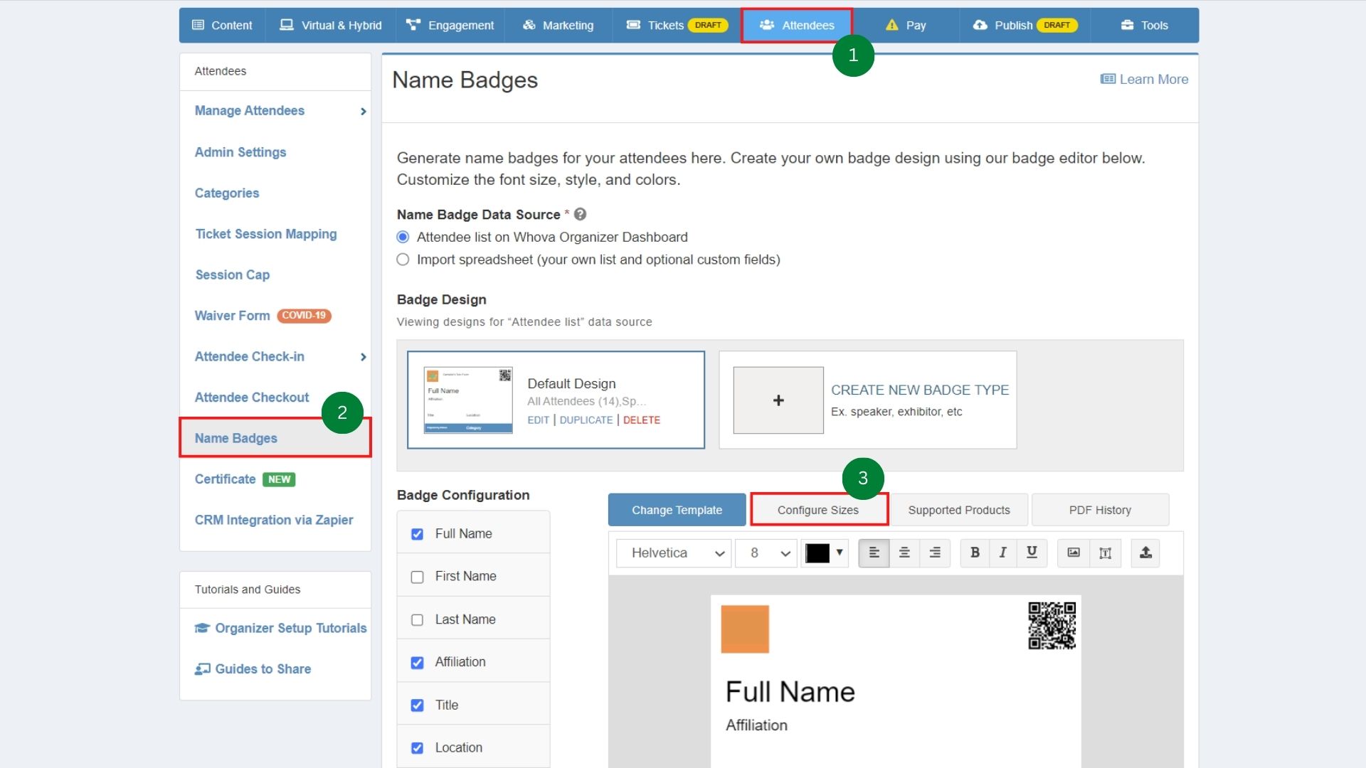 How can I change the Name Badge badge and paper sizes? – Help Center