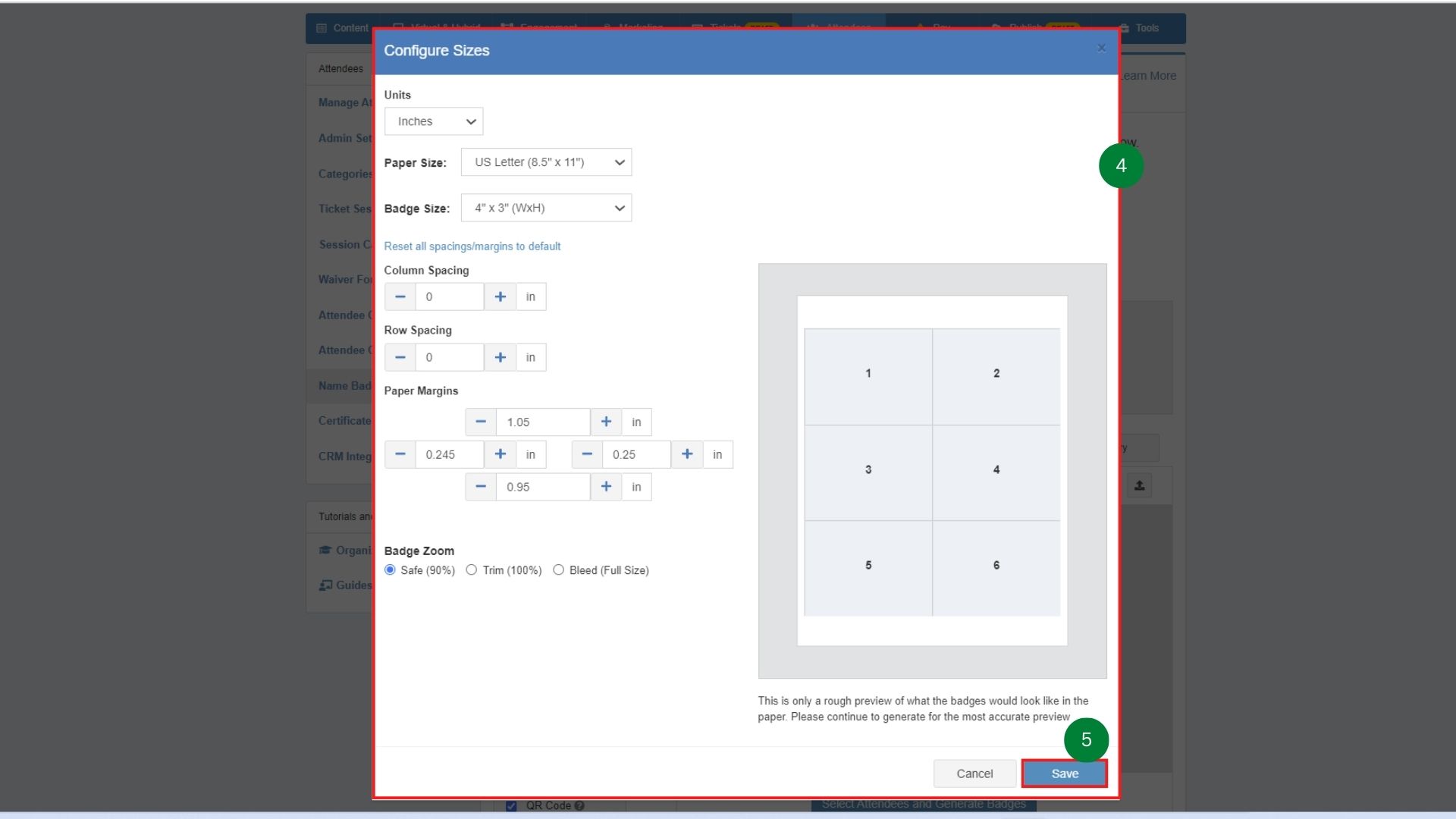 How can I change the Name Badge badge and paper sizes? – Help Center