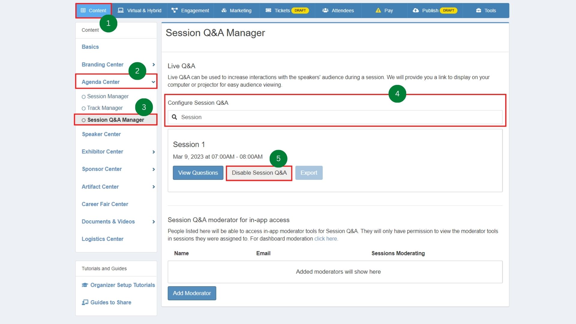 How do I deactivate the Session Q&A tab under the Resources section ...