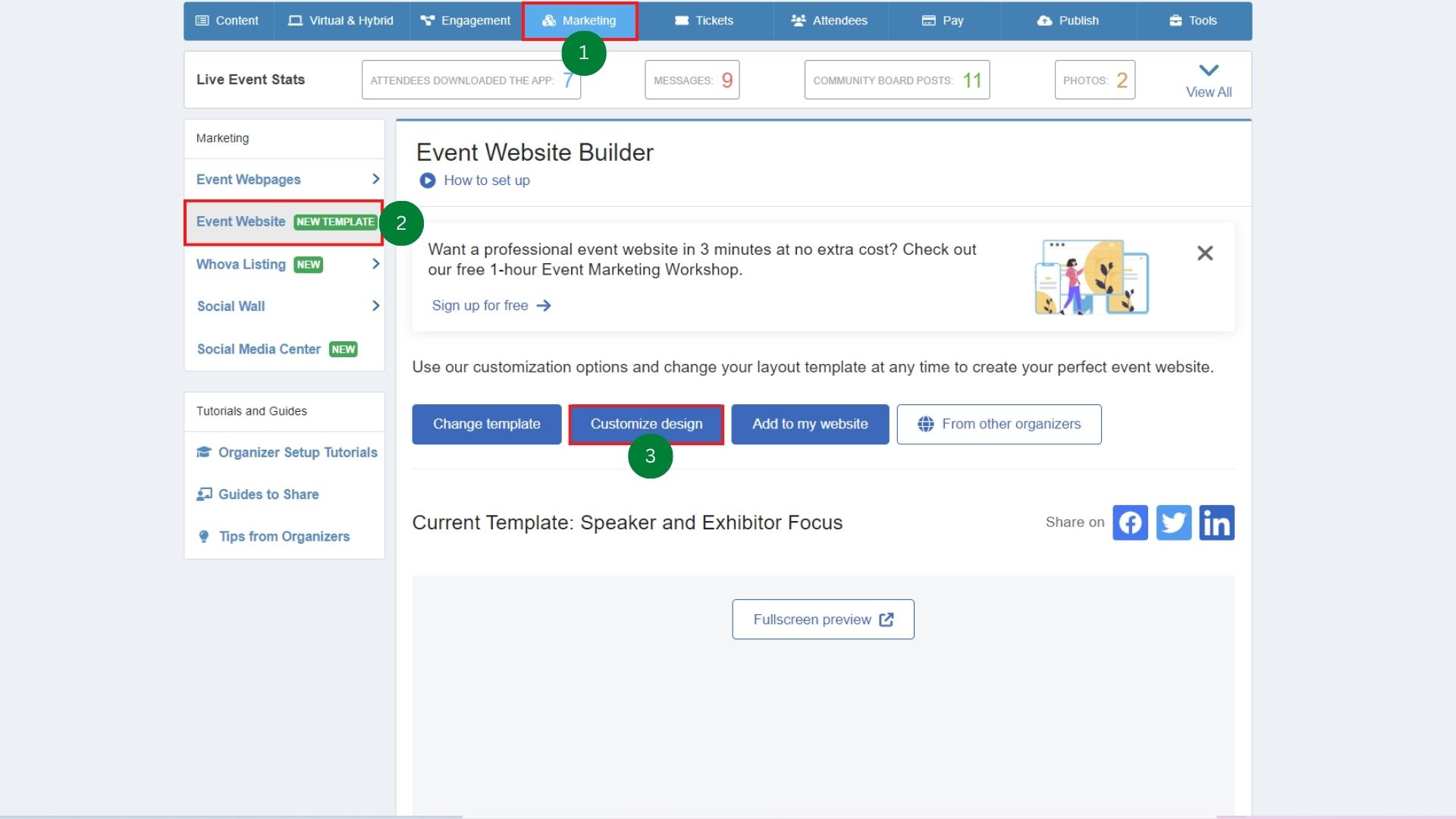 How do I edit the design of a particular section shown in my Event ...