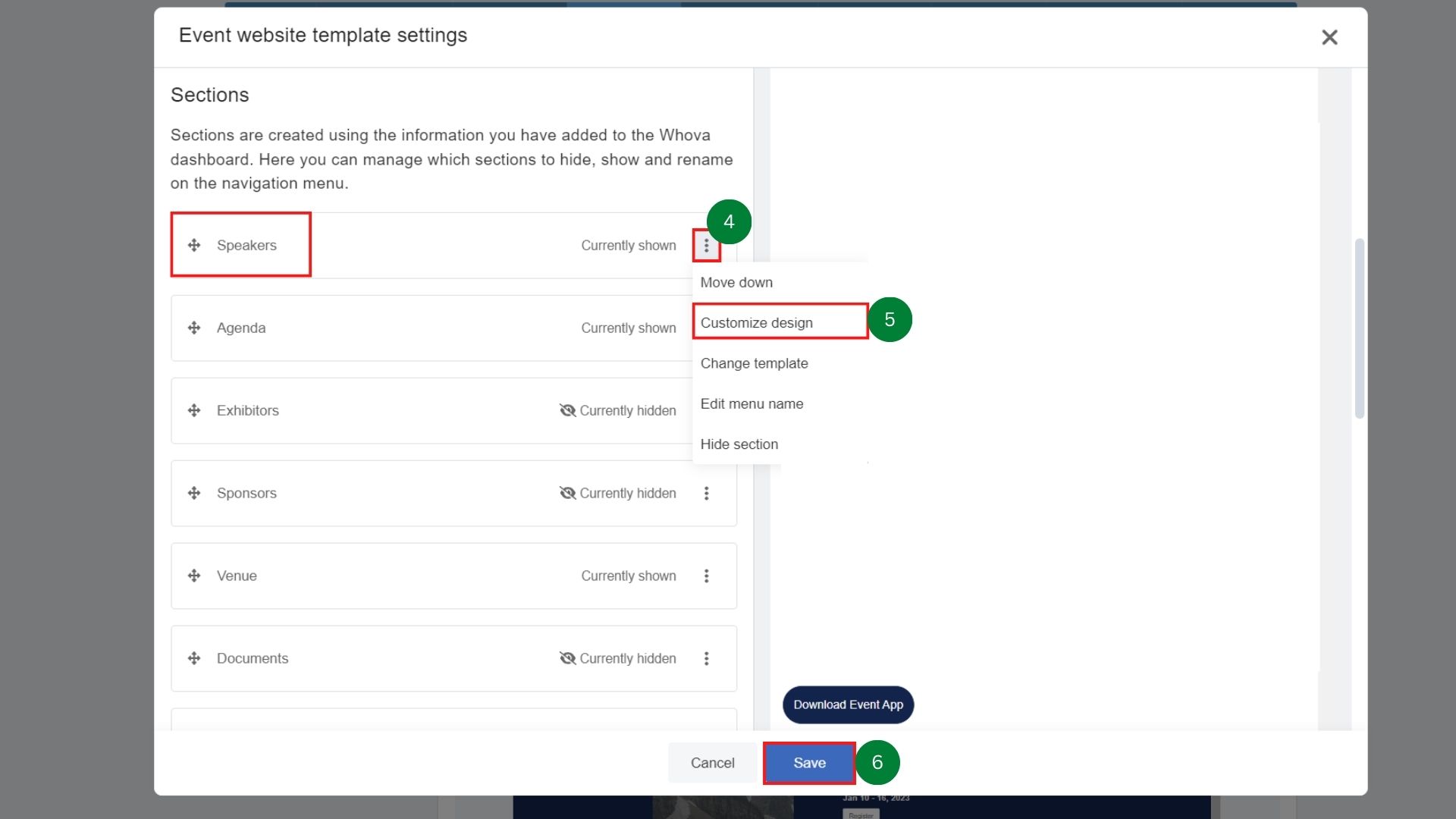 How do I edit the design of a particular section shown in my Event ...