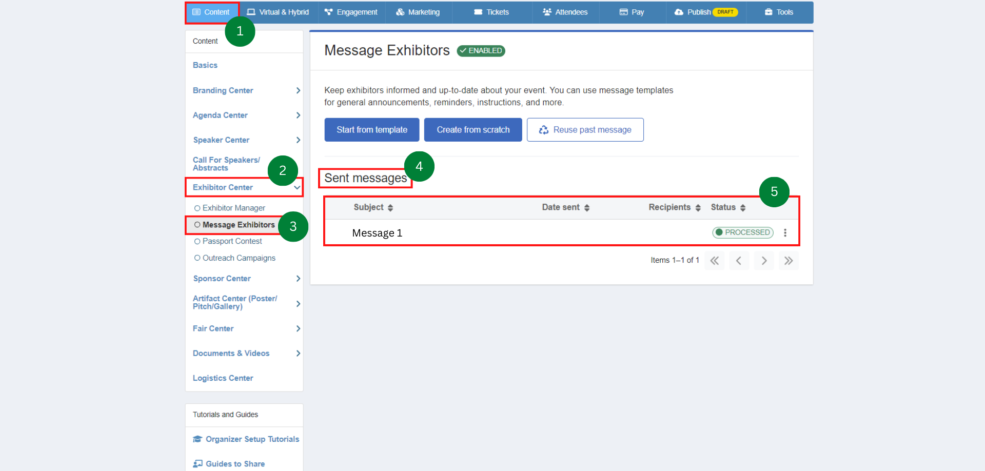 Where do I access a list of the messages I’ve sent to Exhibitors ...