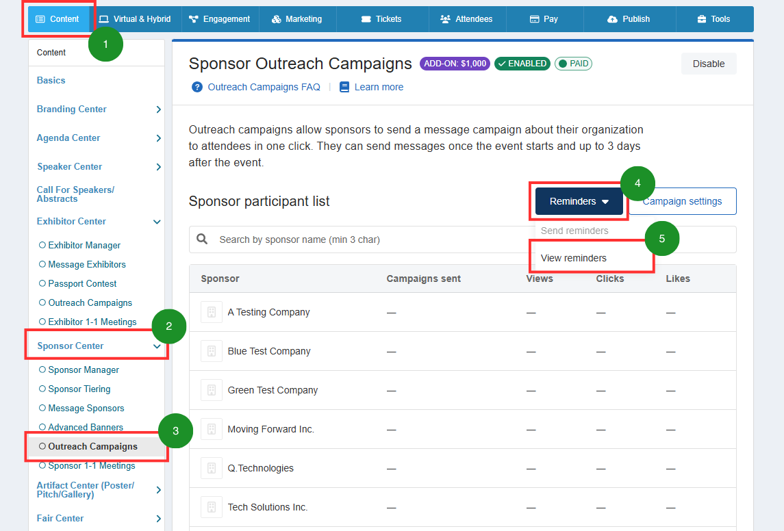 Where do I find scheduled/sent outreach campaign reminders for Sponsors ...